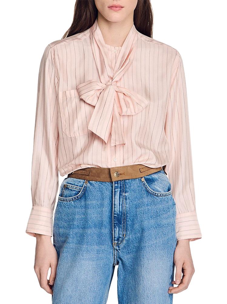 SANDRO Sandro Miraluna Striped Tie Neck Shirt